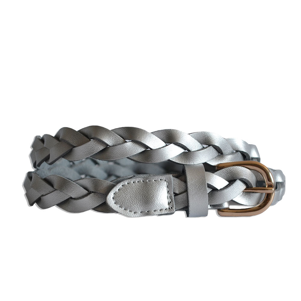 WAVERLY - Silver Skinny Leather Plaited Belt Gold Buckle – The Fitting ...